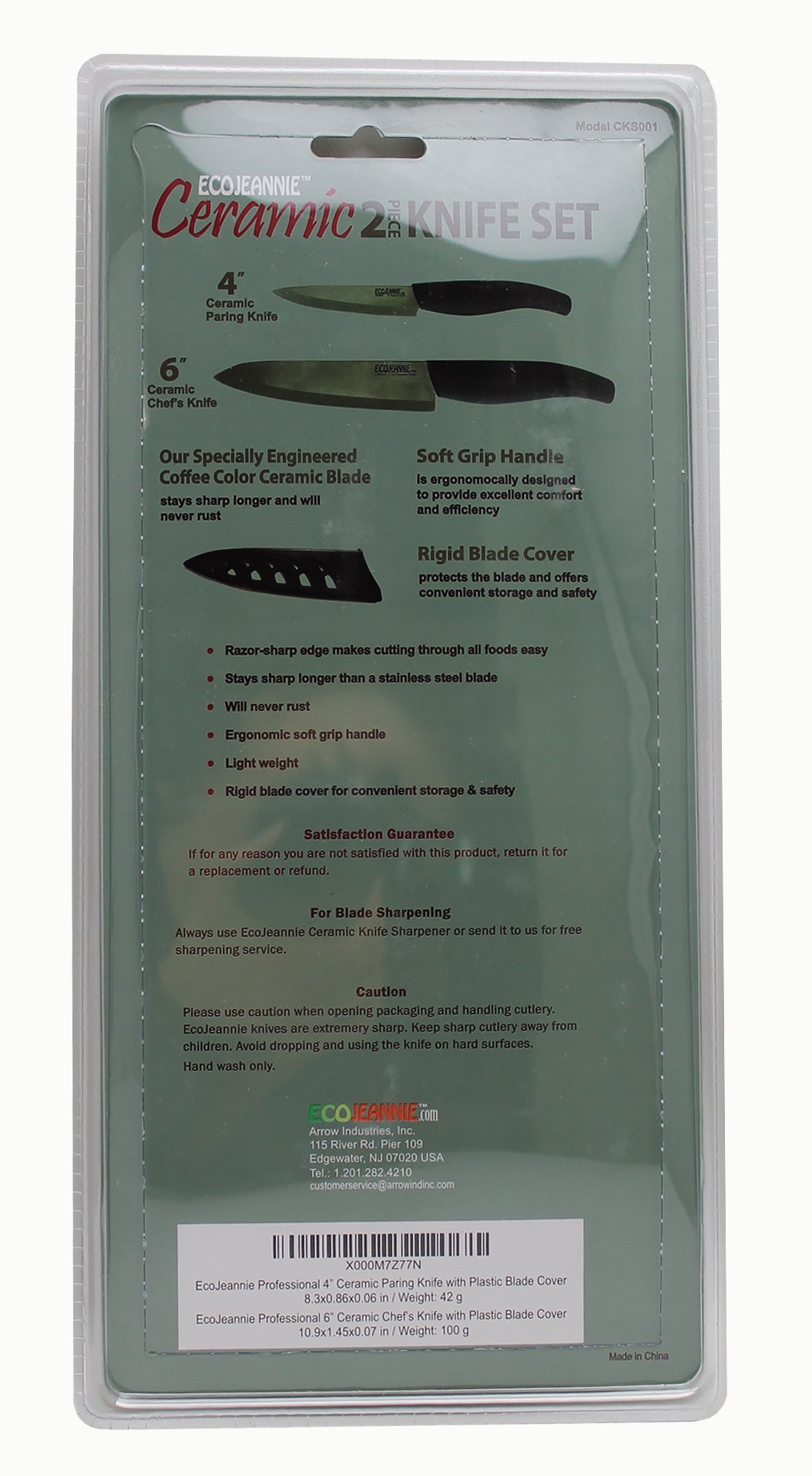 EcoJeannie CKS001 2-Piece Set: Premium Coffee Color Ceramic Knives - 6 Inch Chef's Knife & 4 Inch Paring Knife with Protective Covers