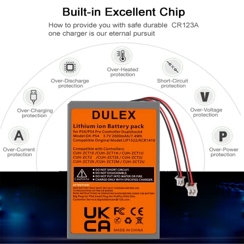 DULEX 3.7V 2000mAh LIP1522 Replacement Battery with Big and Small Plug for Playstation 4 PS4 Dualshock 4 Wireless DX-PS4 0