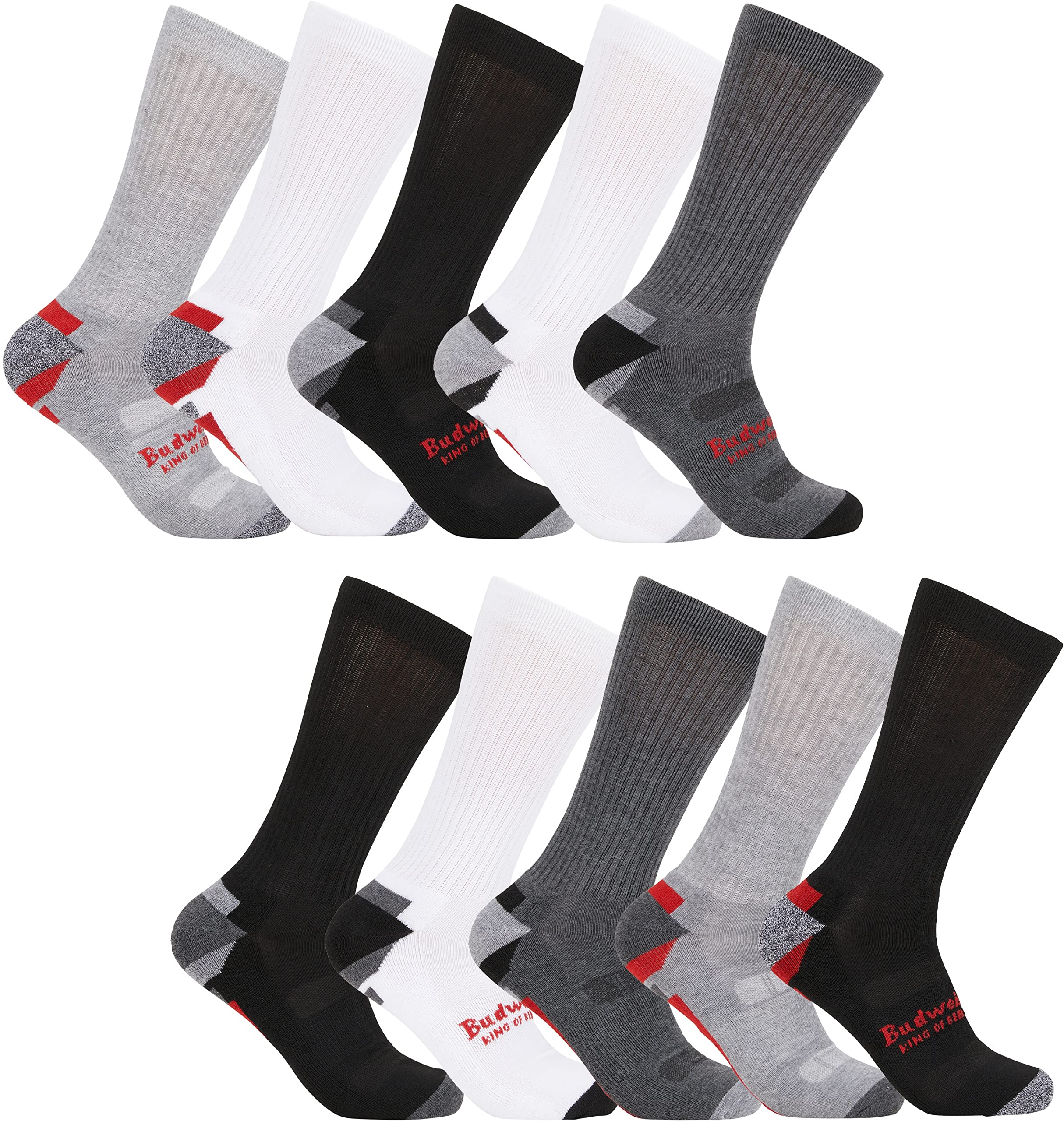 Budweiser Mens 10 Pair Pack Athletic Crew Cushion Socks - One Size Fits All Black/Grey/White