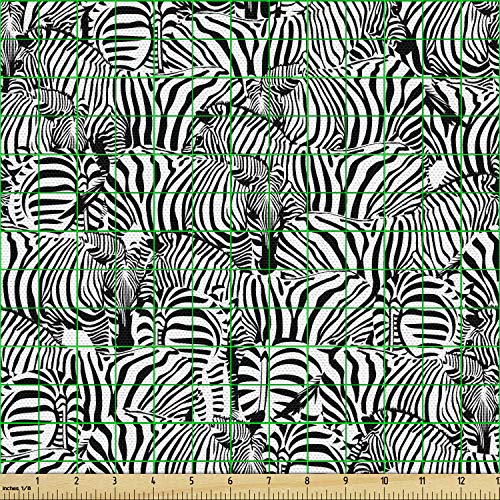 Lunarable Zebra Fabric by The Yard, Savannah Fauna Herd with Black Stripes Design Monochrome Illustration, Decorative Fabric for Upholstery and Home Accents, 1 Yard, Black and White