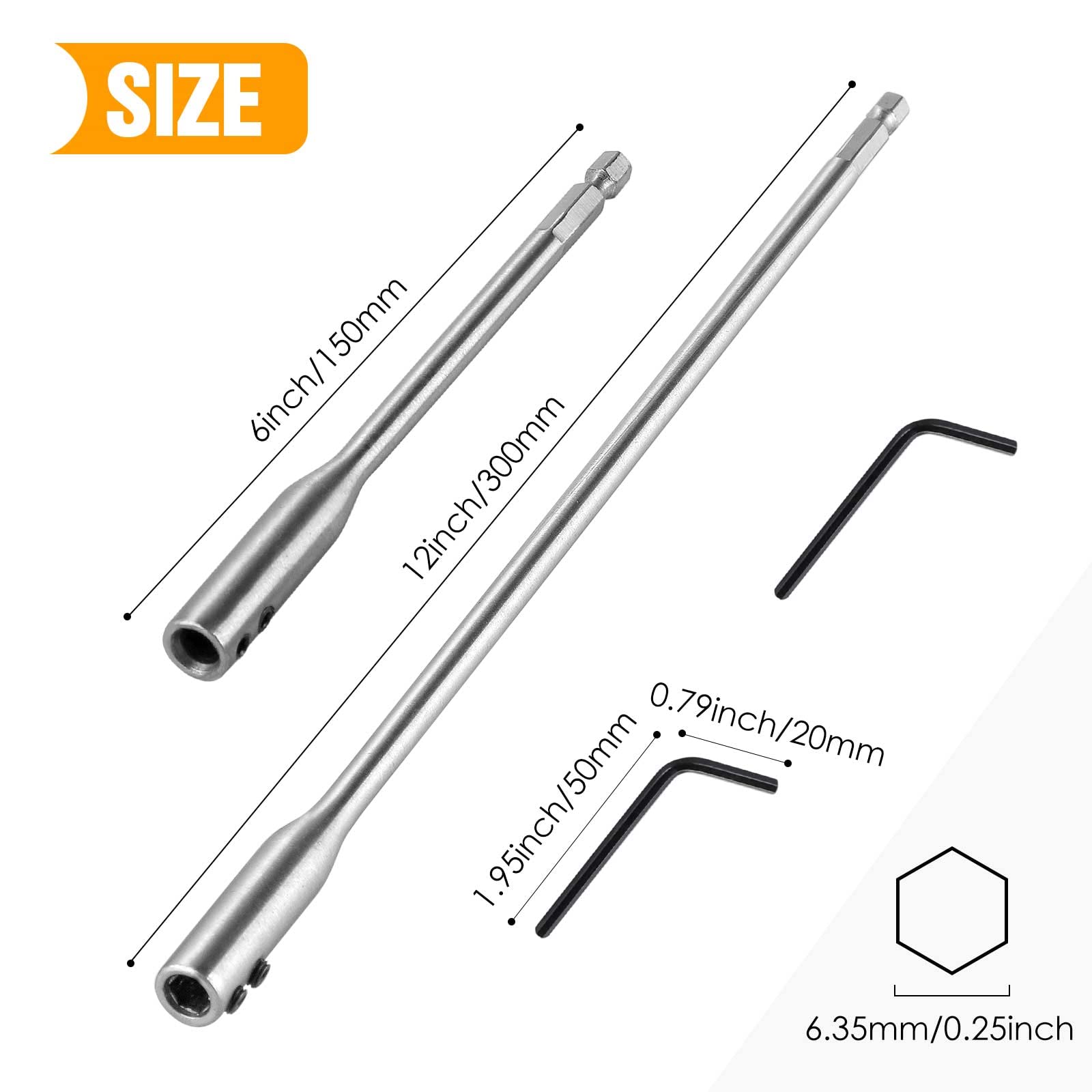 Drill Bit Extension Set,1/4 Extension Drill Bit Set Wood Spade Drill Bit Extension,6 in. and 12 in. Lengths for Extended Reach in Tight Spaces (Silver-4pieces)