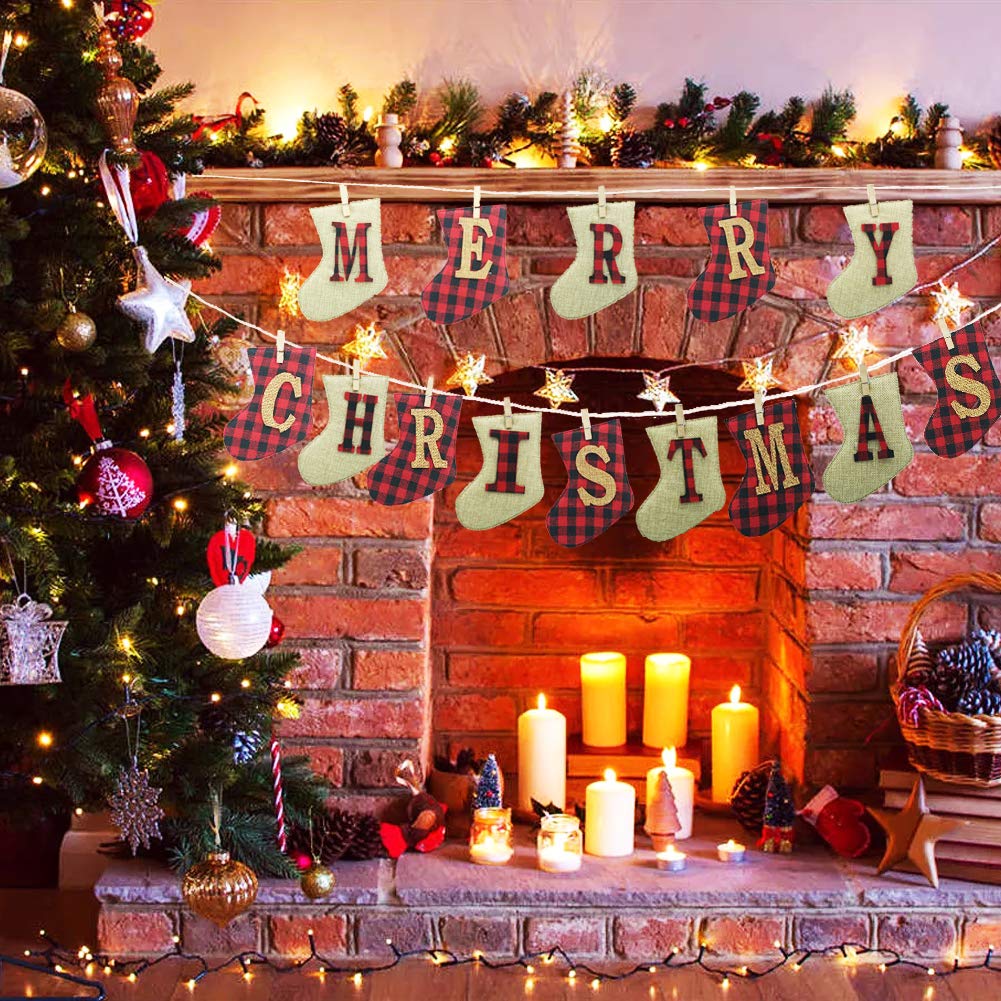 Merry Christmas Banner - Burlap Sock Shaped Christmas Decoration, Unique Hand-Sewn Christmas Decor, Great Firepalce Decoration for Christmas