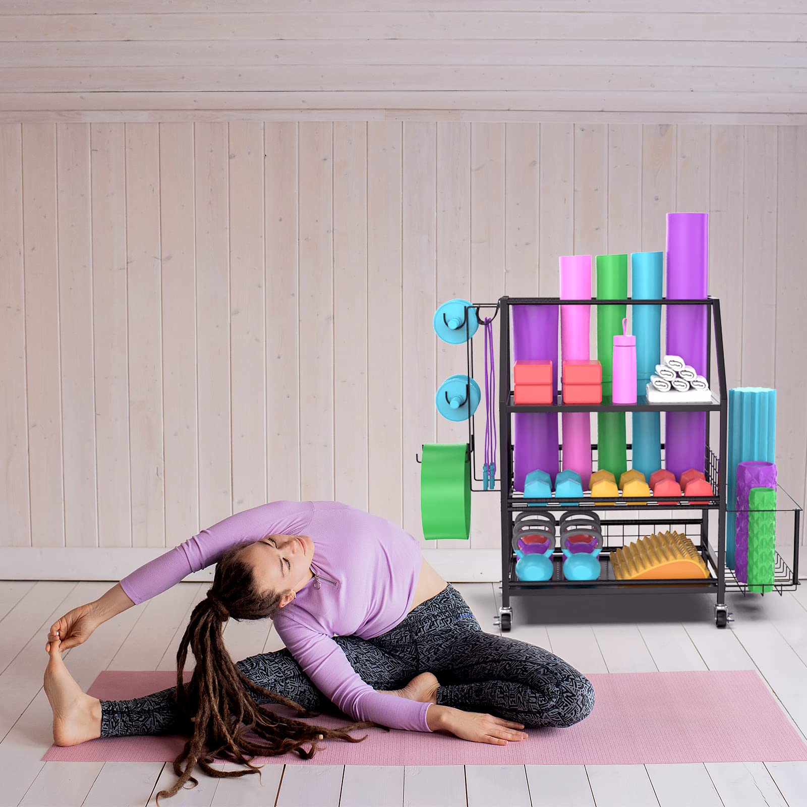 Dumbbell Rack-Yoga Mat Racks with Wheels and Hooks-Weight Rack for Dumbbells-Home Gym Storage Rack for Dumbbells Kettlebells Foam Roller, Yoga Strap, Resistance Bands & Strength Training Equipment
