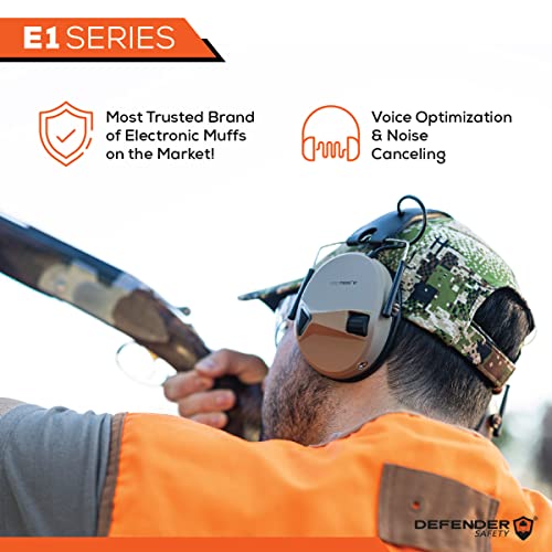 Defender Safety Decitech E1 Electronic Active Hearing Protection, Shooting, Range, Hunting, Tactical Earmuffs, 24 NNR Rated. (Black)