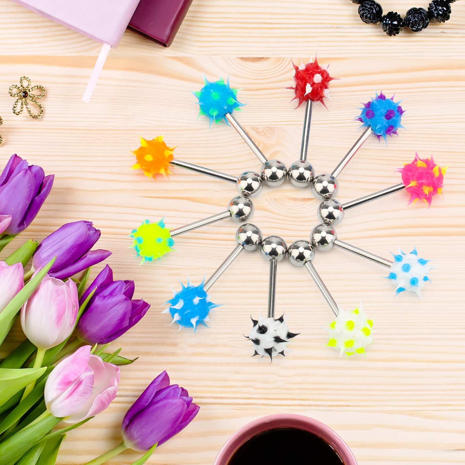 CrazyPiercing 10pcs Surgical Steel Spiky Acrylic Fire Tongue Nipple Ear Rings Bar Barbell Stud Piercing