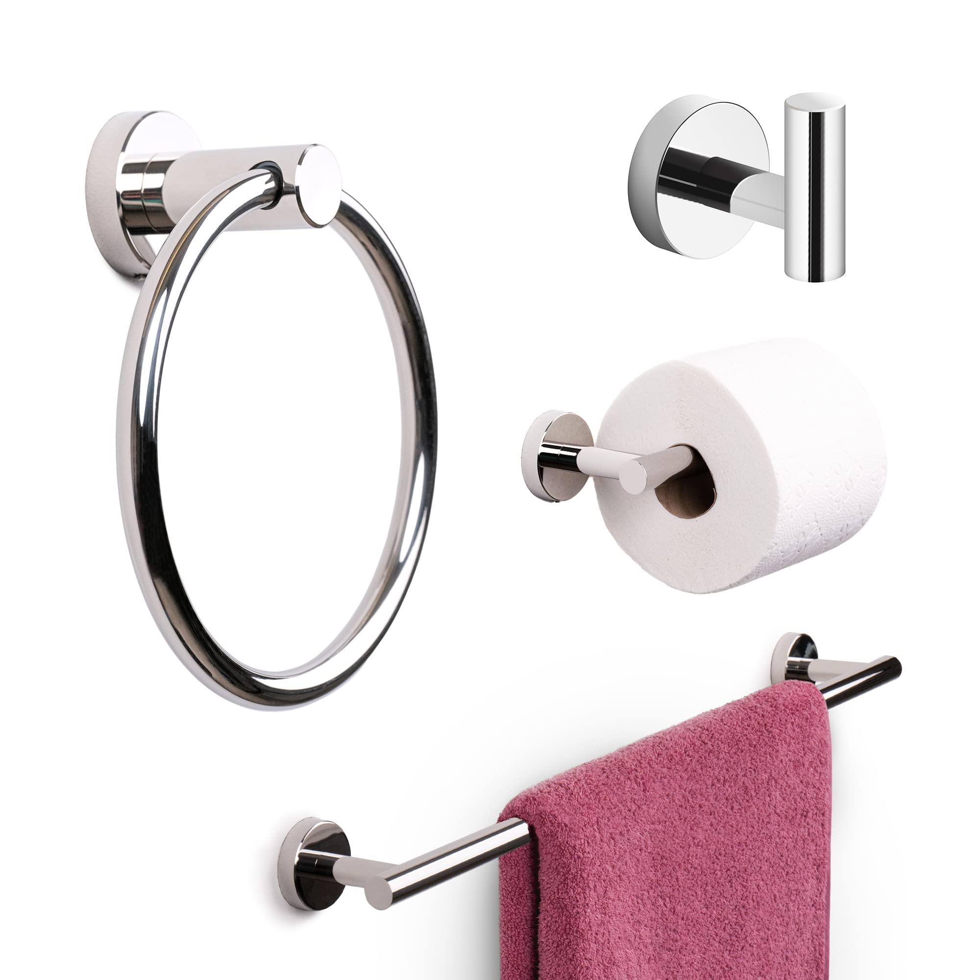 MARMOLUX ACC Bathroom Hardware Set Towel Racks 4 Pieces Hand Towel Ring Holder-Toilet Paper Holder-Towel Hook-Towel Bar Heavy Duty Wall Mount Bathroom Accessories SUS 304 Stainless Steel Mirror Finish