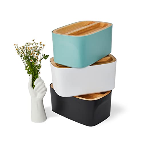 Sonder Los Angeles, Modern Bamboo Fiber (White) Bread Box for Kitchen Countertop with Reversible Wood Serving Lid, Homemade Bread Storage 14.25 x 9.25 x 7in, Storage Bin and Bread Container