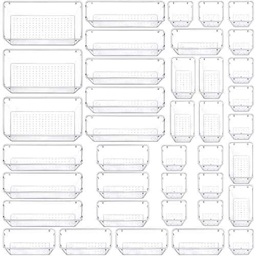 QUEFE 39 PCS Clear Drawer Organizer Set, 4-Size Plastic Drawer Organizers Trays Bathroom Organizers Dresser Storage Bins Separation Box for Makeup, Jewelries, Gadgets, Bathroom, Office, Bedroom.