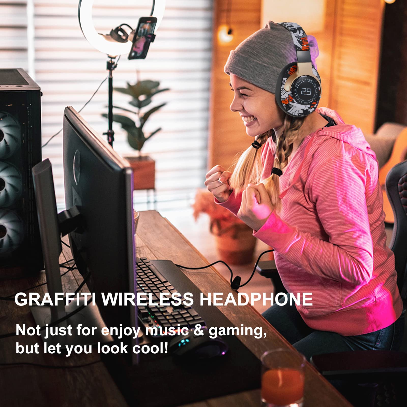 CBSOHDE Bluetooth Headphones Over The Ear, Graffiti Wired/Wireless Headphones with Microphone-Soft Ear Cushions, Foldable Hi-Fi Stereo Sound Bluetooth Headsets for Pad Laptop PC Cellphone (Pink)