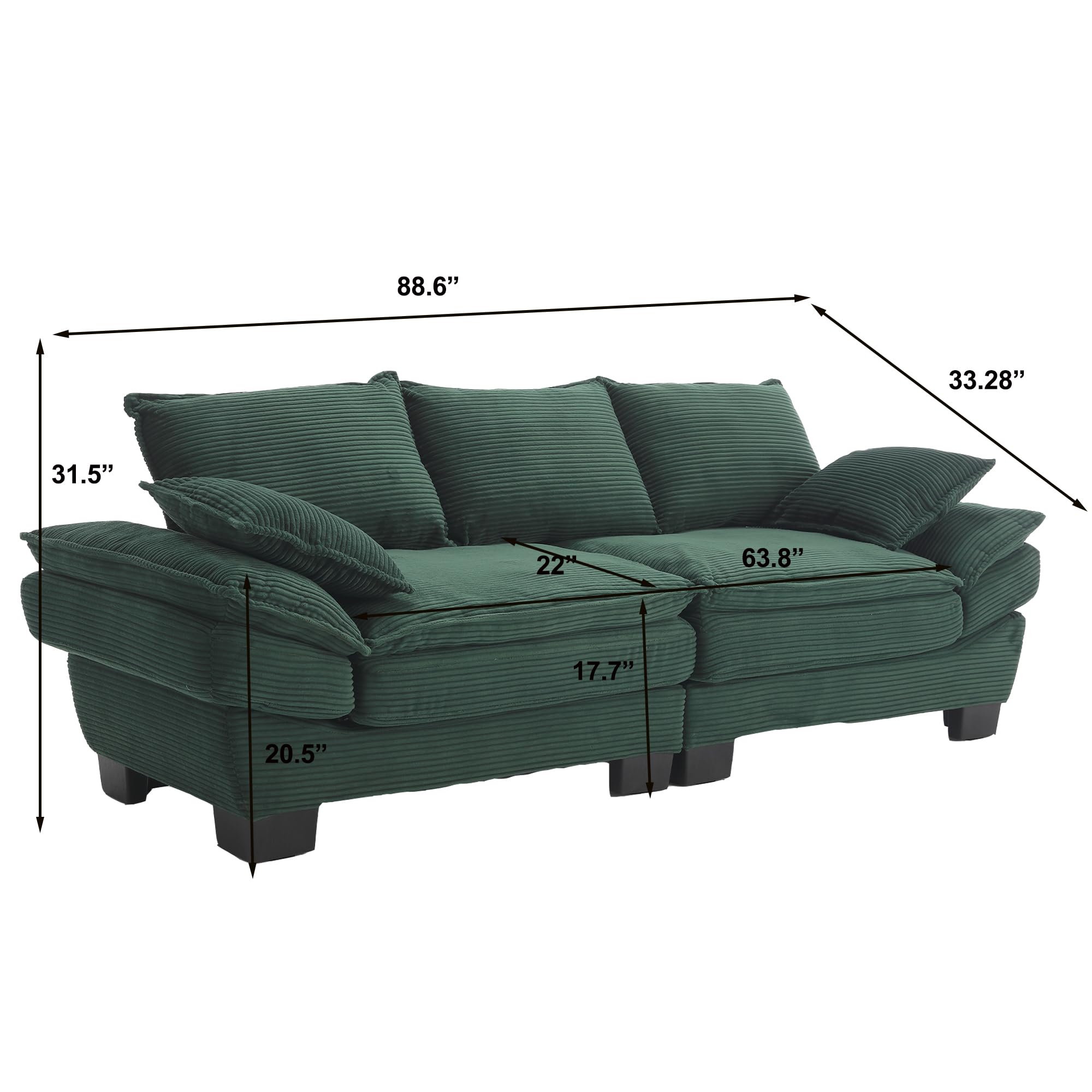 GNIXUU Cloud Loveseat Sofa Couch, Comfy Corduroy 3 Seat Sofa with Deep Seat & Wider Armrest,88.6” Upholstered Modern Sailboat Couches for Living Room, Apartment, Office, Small Space, Green