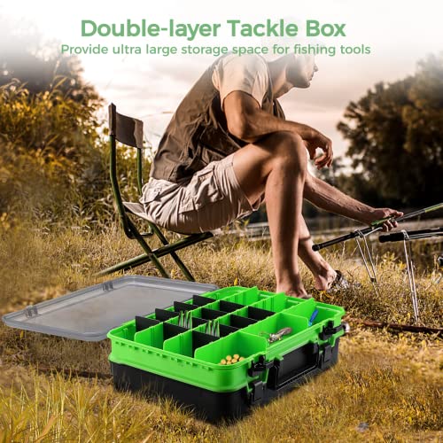 Double Layer Tackle Box, Two Level Fishing Tackle Box Organizer with Adjustable Dividers, Outdoor Fishing Large Capacity Tackle Storage Box 14.2βx9.8βx4.7β (Green)