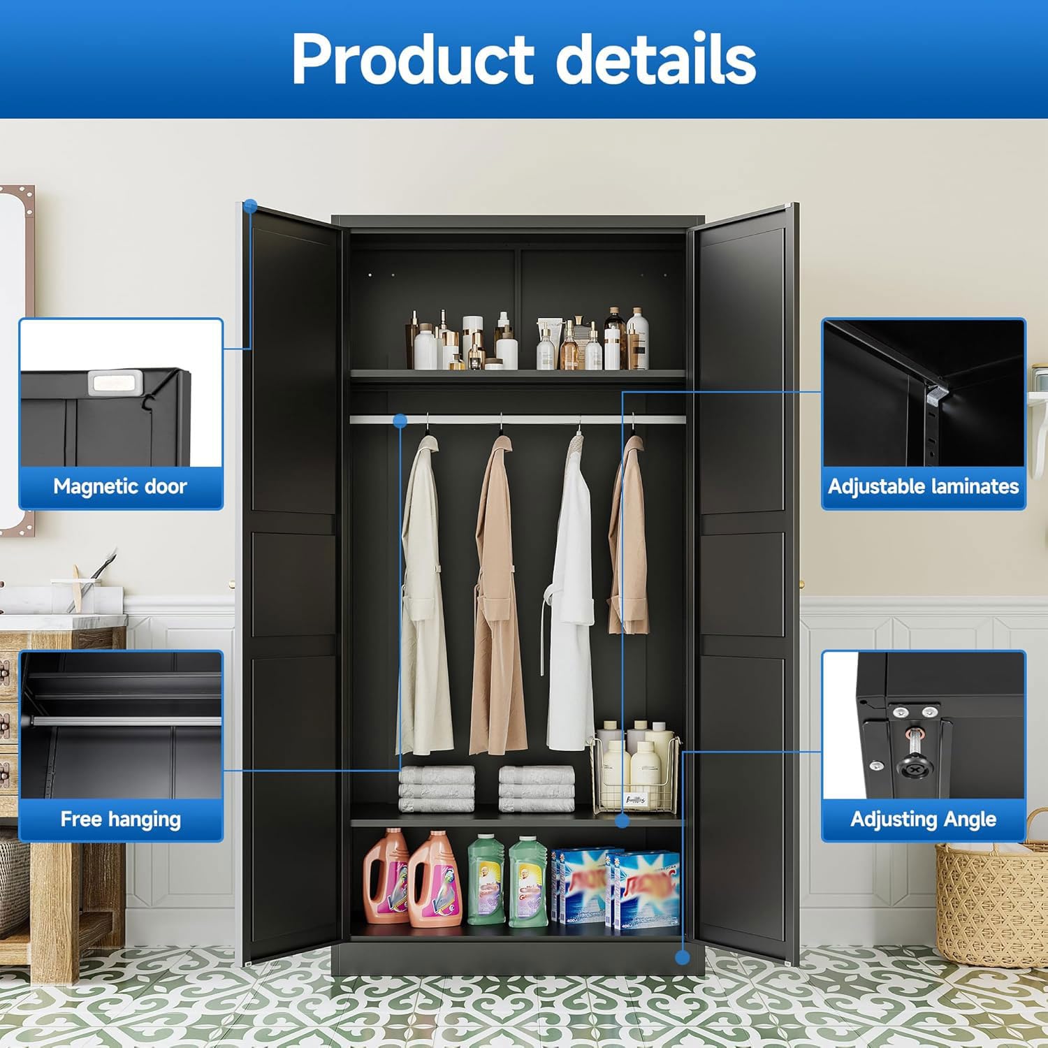 heycode Armoire Wardrobe Closet,72" Metal Clothing Storage Cabinets,with 2 Doors 2 Shelves Steel Wardrobe Storage,for Studio, Classroom, Garage, Gym Clothes Storage Organizer (Black, 72" H)