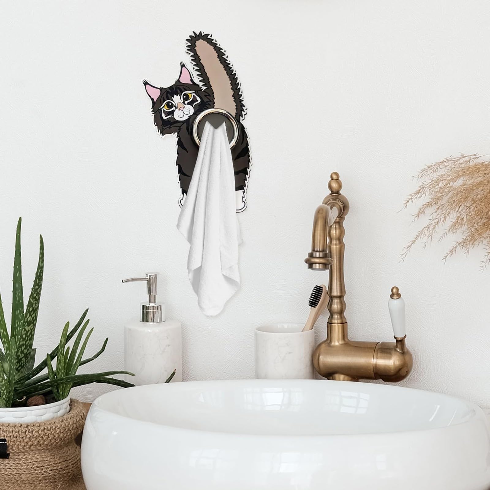 Funny Cat Butt Towel Holder Round Push Towels Cat Hooks with Adhesive Backing,Wall Mount Dishcloth Hook Hanger Dark Brown Prank Cat Hanging Decor,for Home Kitchen Bathroom Cabinet Without Drilling