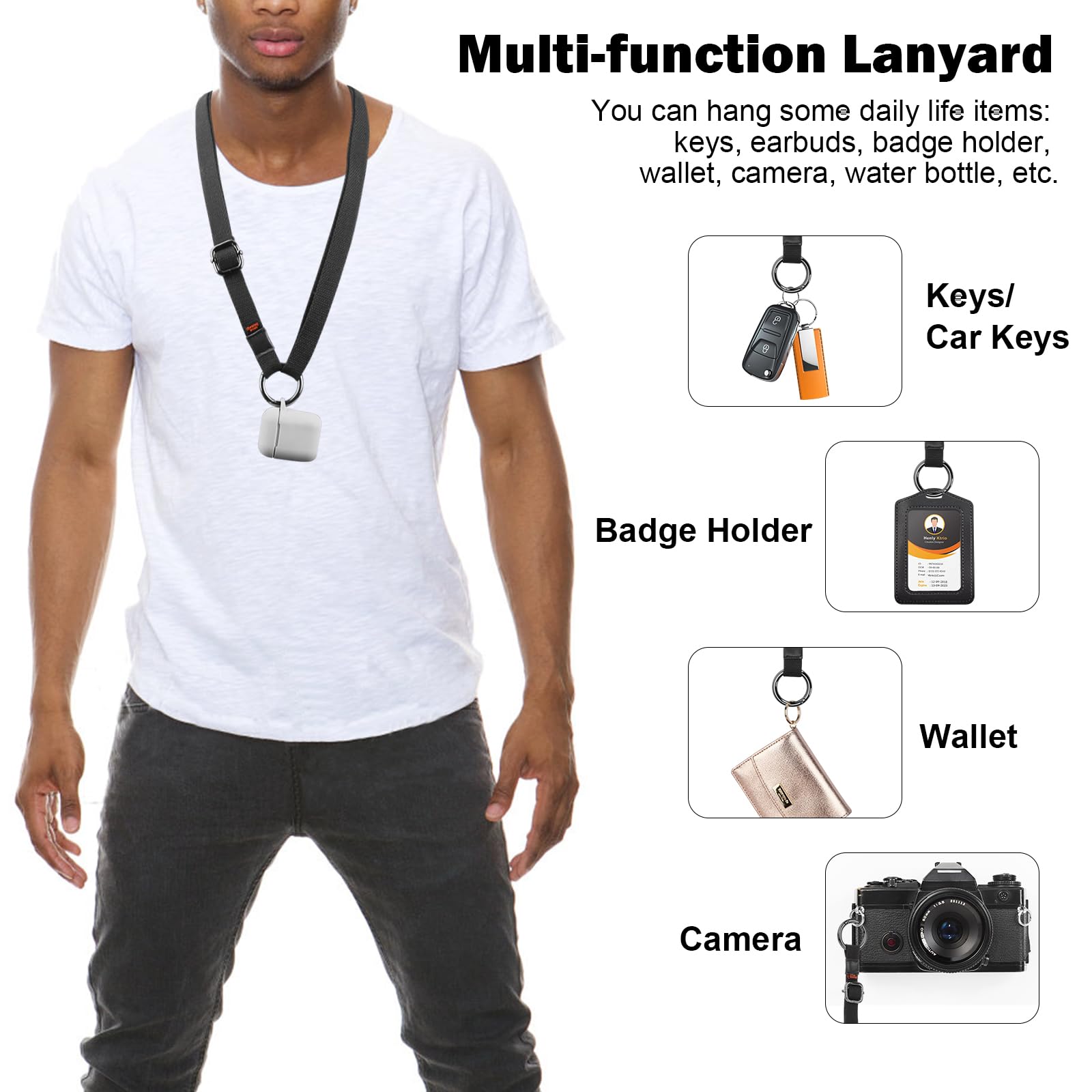 Desing Wish Dual-use Adjustable Lanyard for Original Long Crossbody Lanyard or End-to-end Connection Lanyard, Anti-Lost Cross Body Strap Cotton Neck Strap Holder for Keys Wallet Camera (Black)