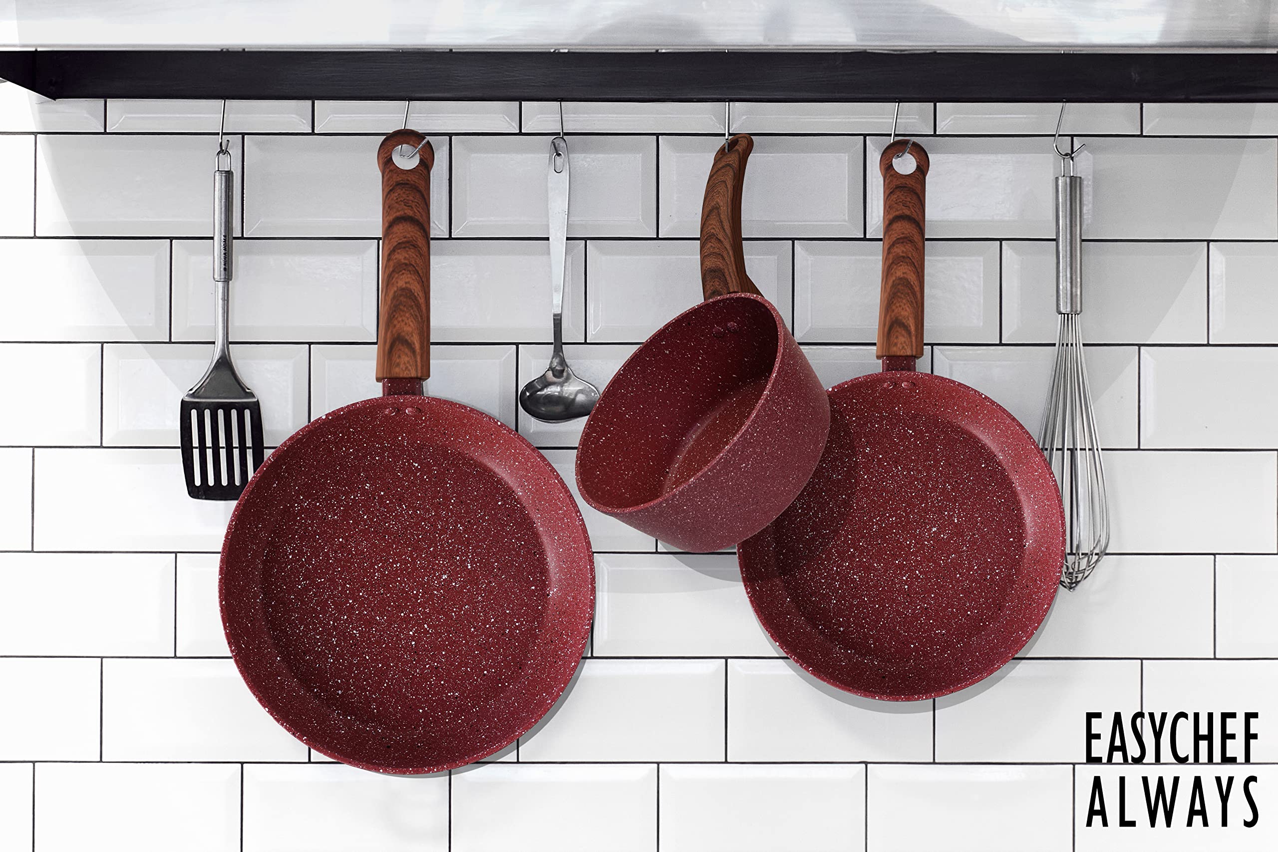 Easy chef always, Nonstick Frying Pan Skillet, 10inch, Non Stick Granite Red Coating, Egg Pan Fry Pan Omelet Pan Healthy Stone Cookware Chef’s Pan, PFOA Free, Induction Compatible