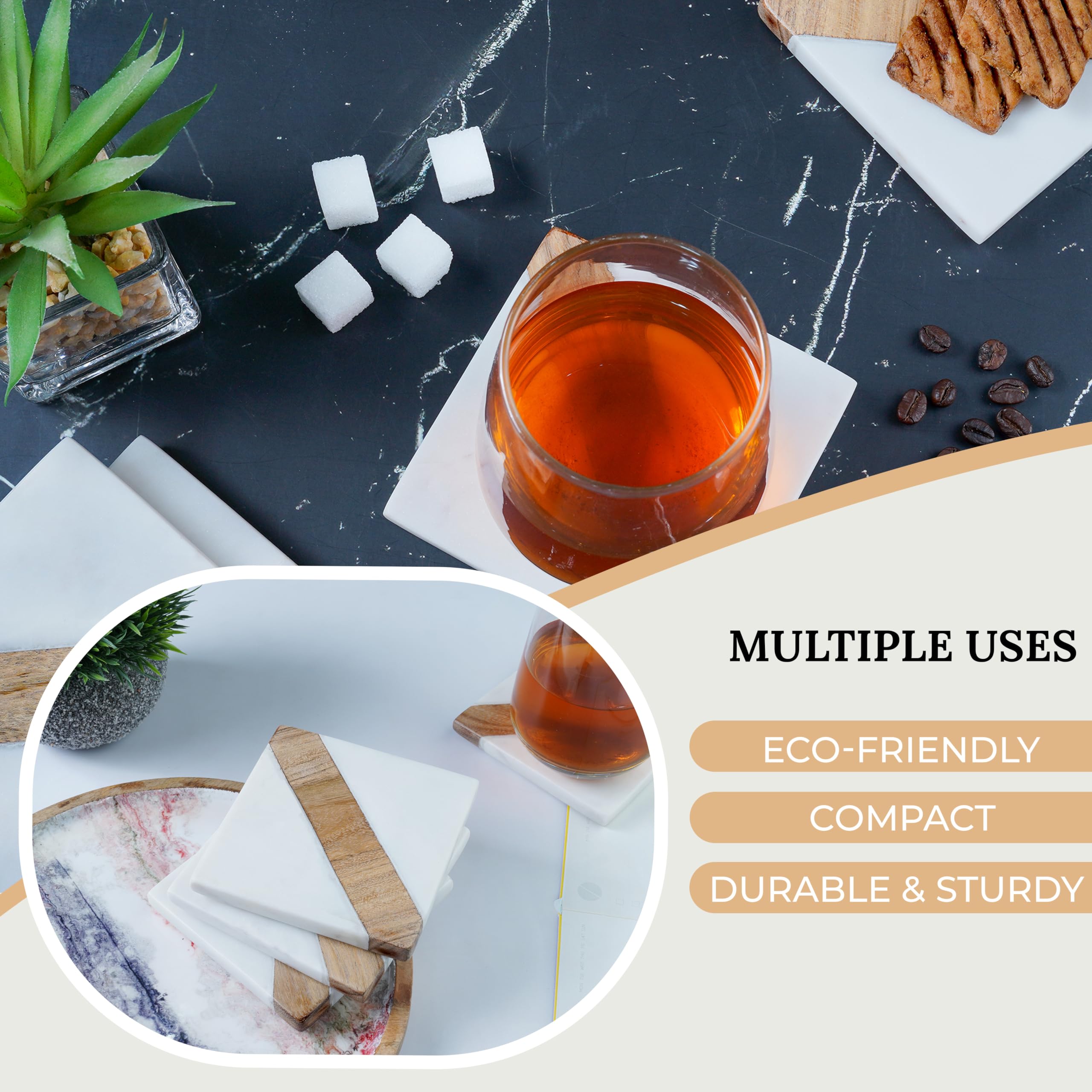 Crocon Marble & Wooden Coaster Set Square Shape Coaster for Dining Table Kitchen Decor Alabaster Marble and Wood Coaster Set Suitable for All Kinds of Mugs and Cups Size - 4x4X2 Inch