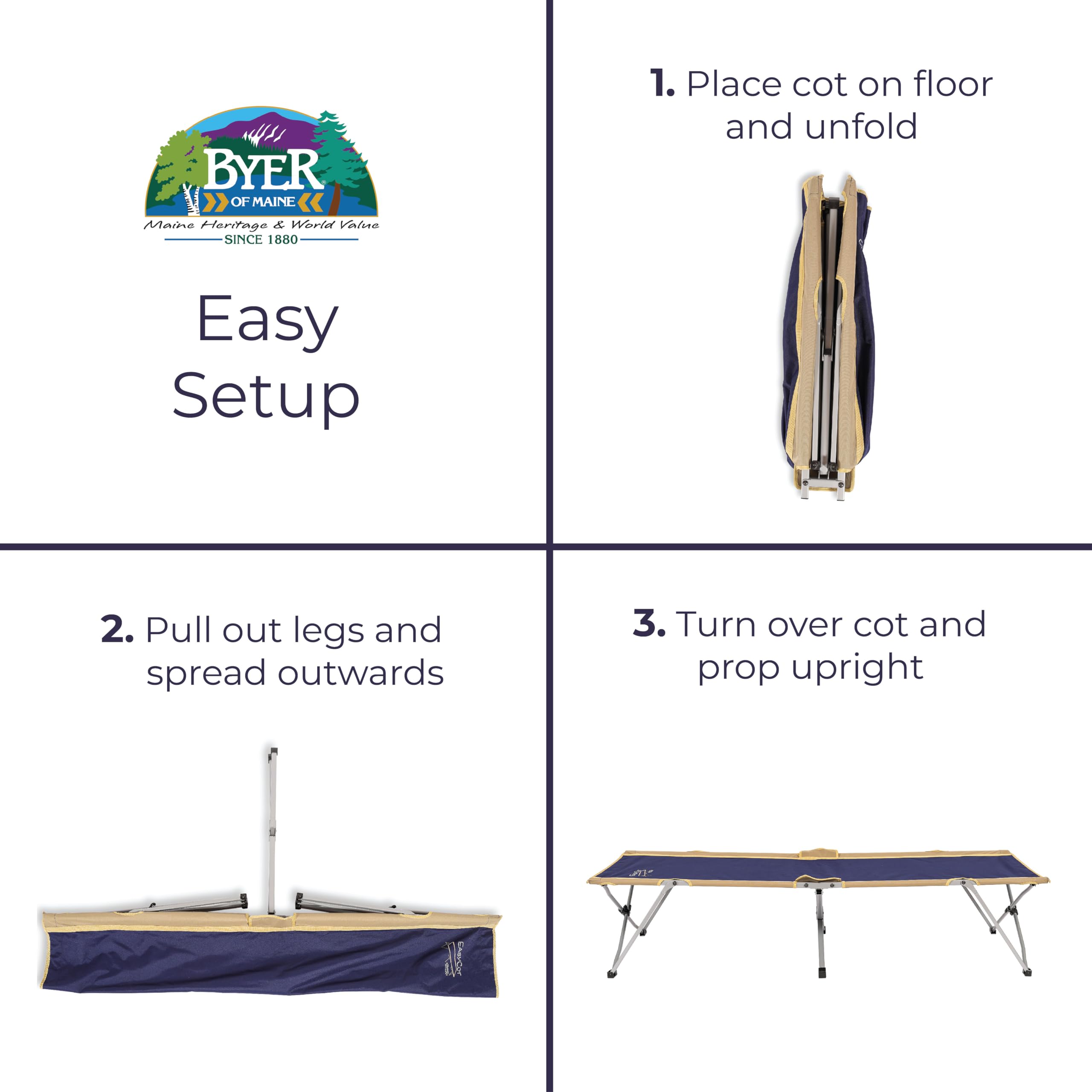 BYER OF MAINE Easy Cot - Extra Large Folding Cot - Heavy Duty Cot for Indoor and Outdoor Use - Cot Bed for Adults - 78”L X 31”W X 18”H - 330 lb Capacity