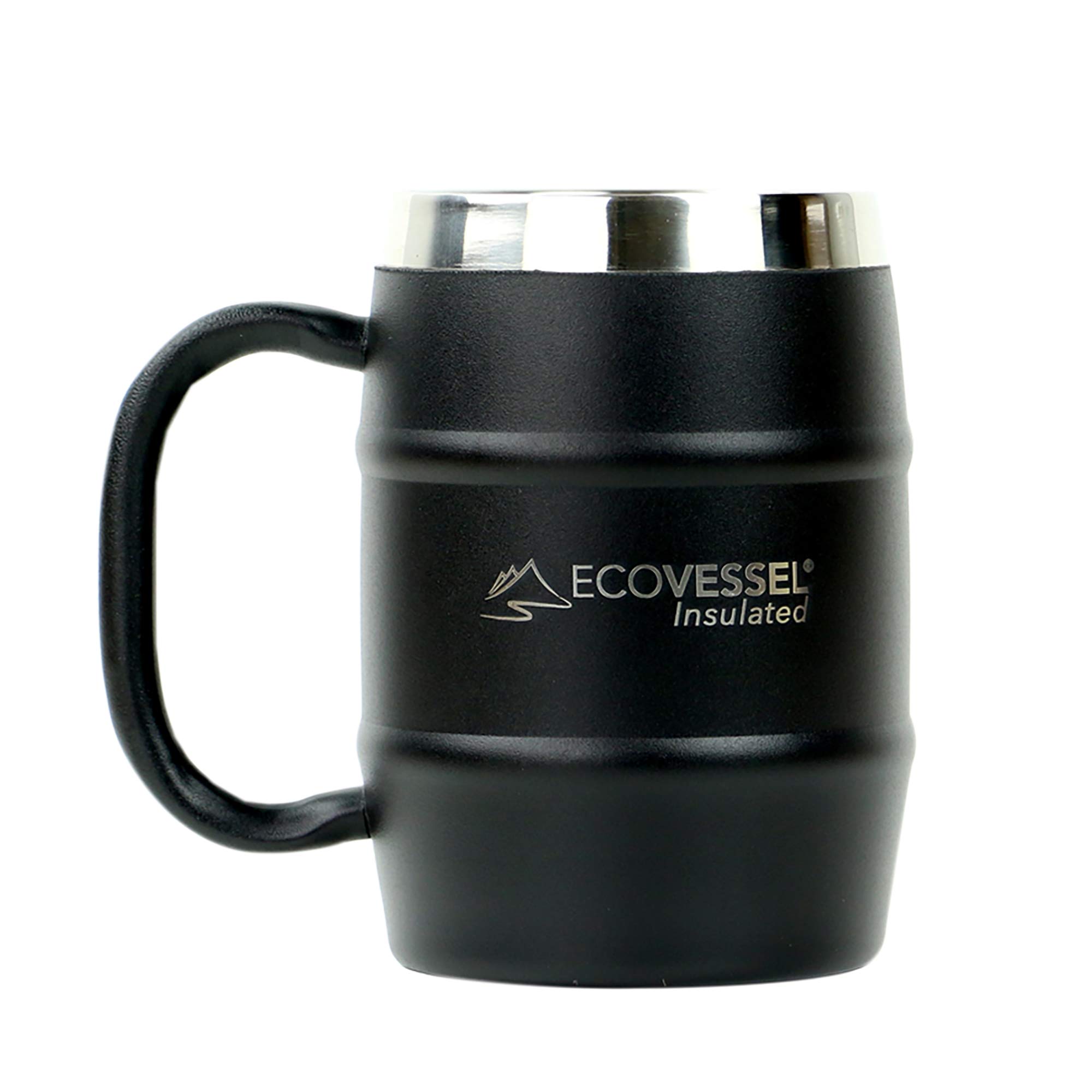 EcoVessel Double Barrel Mug Insulated Travel Coffee Cup with Lid & Wide Grip Handle Stainless Steel Beer Stein, Travel Whiskey Glass, Country Travel Mug or a Moscow Mule Tumbler Cup