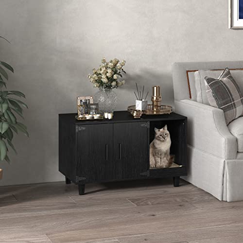 GDLF Modern Wood Pet Crate Cat Washroom Hidden Litter Box Enclosure Furniture House as Table Nightstand with Scratch Pad,Stackable (Black)