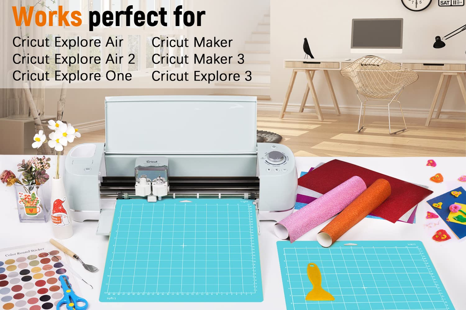 Colemoly 12x12 Cutting Mat 4 Pack Light for Cricut Maker 3/Maker/Explore 3/Air 2/Air/One 1 Pack Cut Cards Scraper Blue Grip Sticky Cricket Replacement Accessories Pad for Supplies,Crafts,Quilting