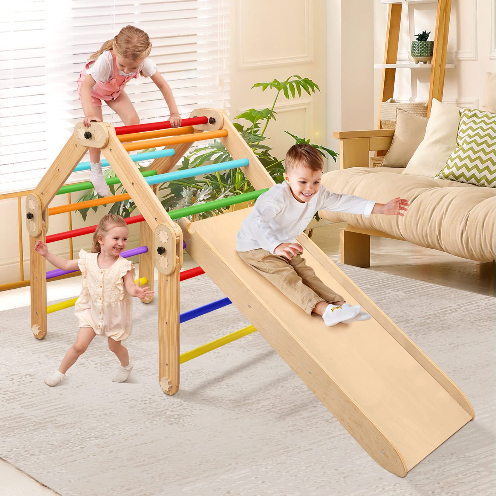 Dripex Pikler Triangle Set, Foldable 20-in-1 Climbing Triangle with Thickened 2-in-1 Ramp, Montessori Wooden Indoor Playground and Gym for Toddlers(Colorful)