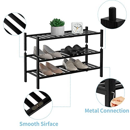 RONGJIA 3-Tier Natural Bamboo Shoe Rack - Stackable Storage Shelf with Multi-Function Combinations - Free Standing Shoe Racks for Convenient Shoe Organization(Black) 11" D x 27" W x 20" H