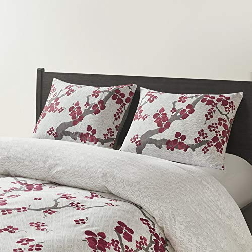 N Natori Cherry Blossom Duvet Cover Queen Size - Red, Grey , Cherry Blossom Duvet Cover Set β 3 Piece β 100% Cotton Sateen Light Weight Bed Comforter Covers