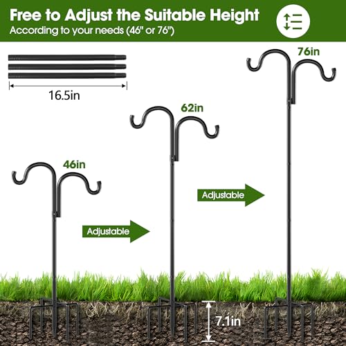 Double Shepherds Hooks for Outdoor,76" Heavy Duty Bird Feeder Pole with 5 Prong Base, Adjustable Shepherds Hook for Bird feeders Outside, Garden, Weddings, Hanging Plants