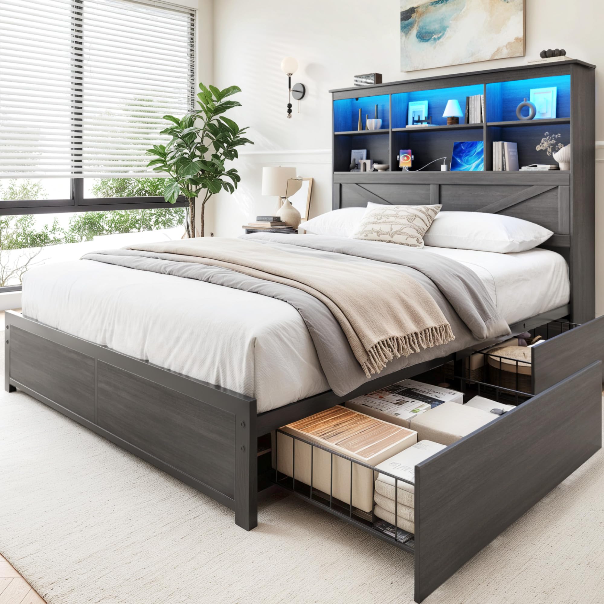 Foredawn Queen Bed Frame with Bookcase Headboard