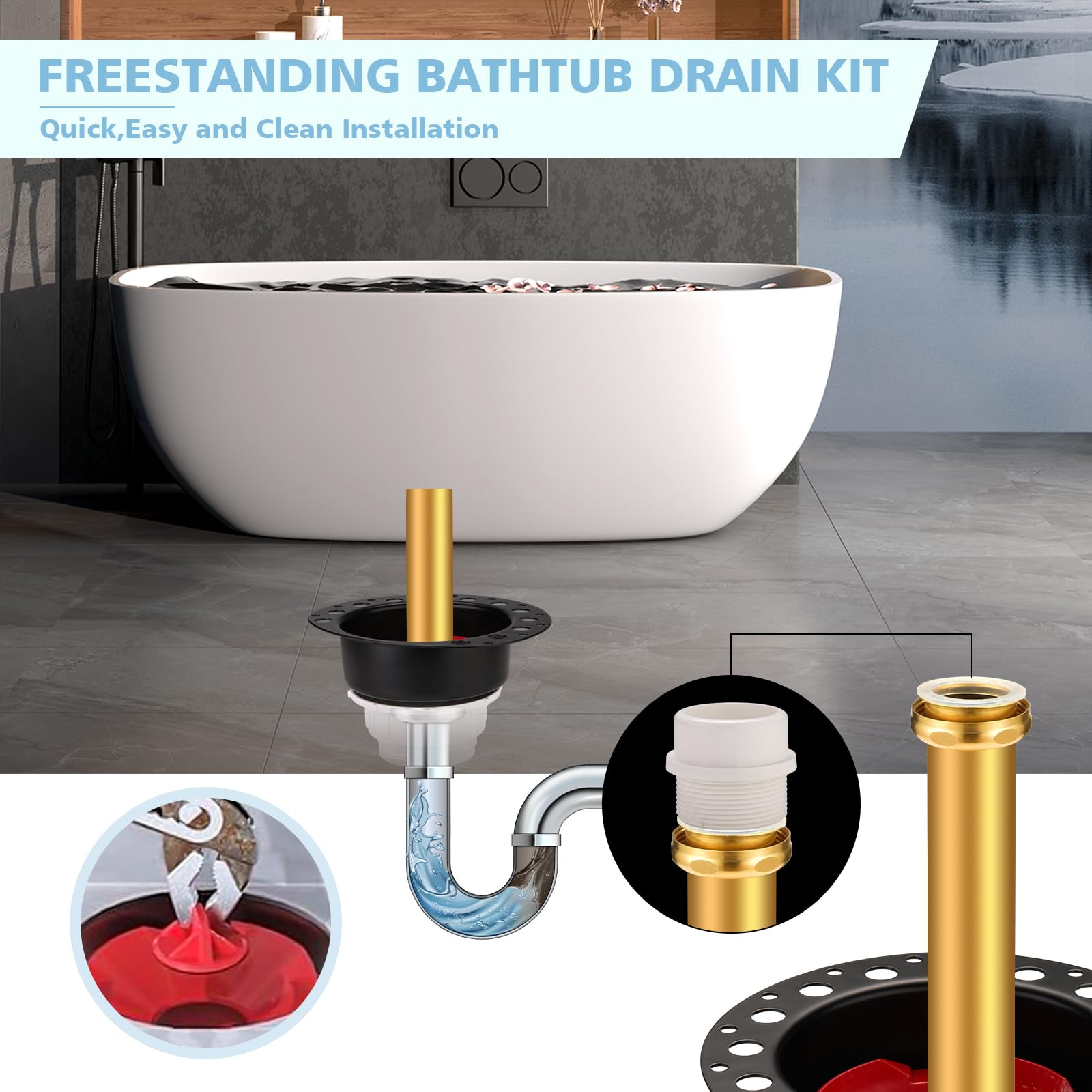 Freestanding Tub Drain Rough-in Kit, Bathtub Drain Kit with PVC Plastic Adapter and Brass Tail Pipes, Compatible with Freestanding Bathtub, Floor Mounted Bathtub and Copper Bathtub
