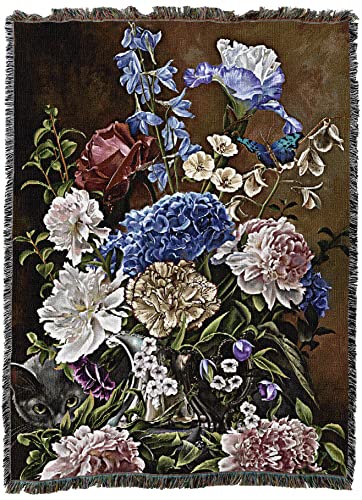 Pure Country Weavers Bouquet in Blue Blanket by Nene Thomas - Gift for Cat Lovers - Tapestry Throw Woven from Cotton - Made in The USA (72x54)