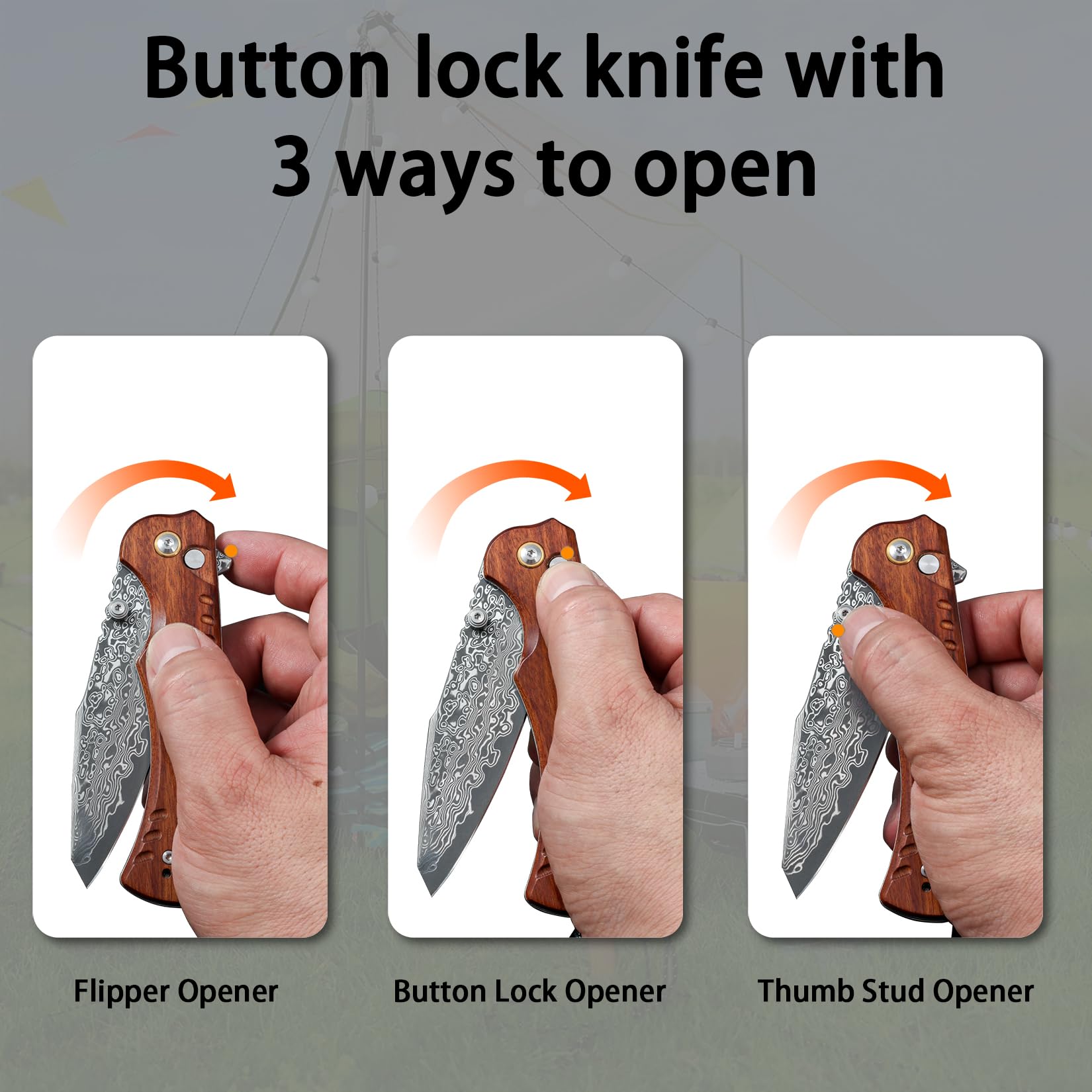FORESAIL Button Lock Pocket Knife for EDC,Folding Knife, Thumb Stud & Flipper Opener, With leather sheath,Wood Handle with 3.6" Damascus Steel Blade for Outdoor, Camping, Hunting