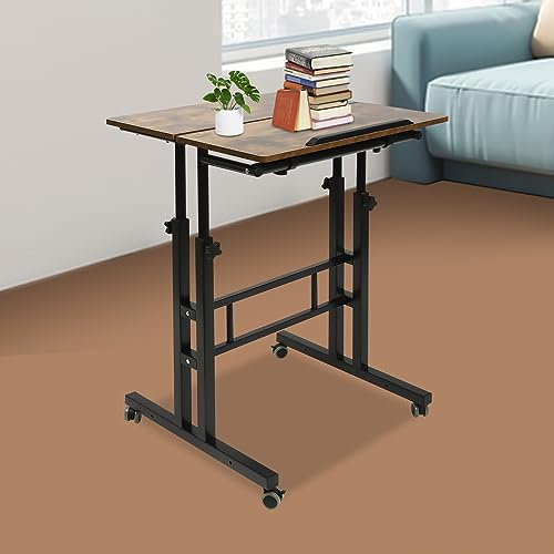 LOHISHILO Mobile Stand Up Desk Adjustable Laptop Desk with Wheels Storage Rolling Table Cart for Standing or Sitting, for Home Office Workstation, Iron-Brown, 27.5-45.3in