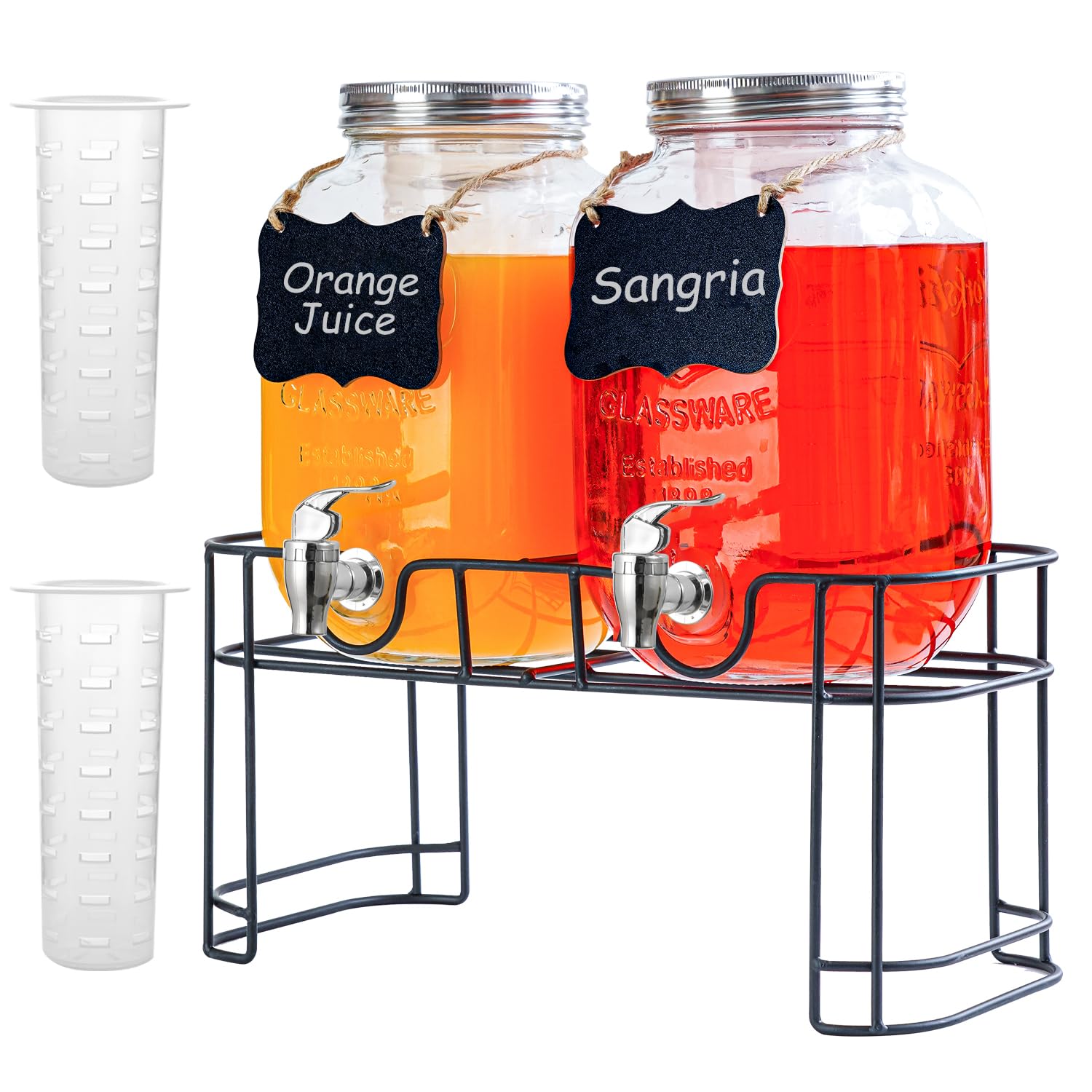 Einfache 1 Gallon Drink Dispenser with Stand,2 Pack Beverage Dispenser with Stand,Glass Water Lemonade Dispensers for Juice,Parties