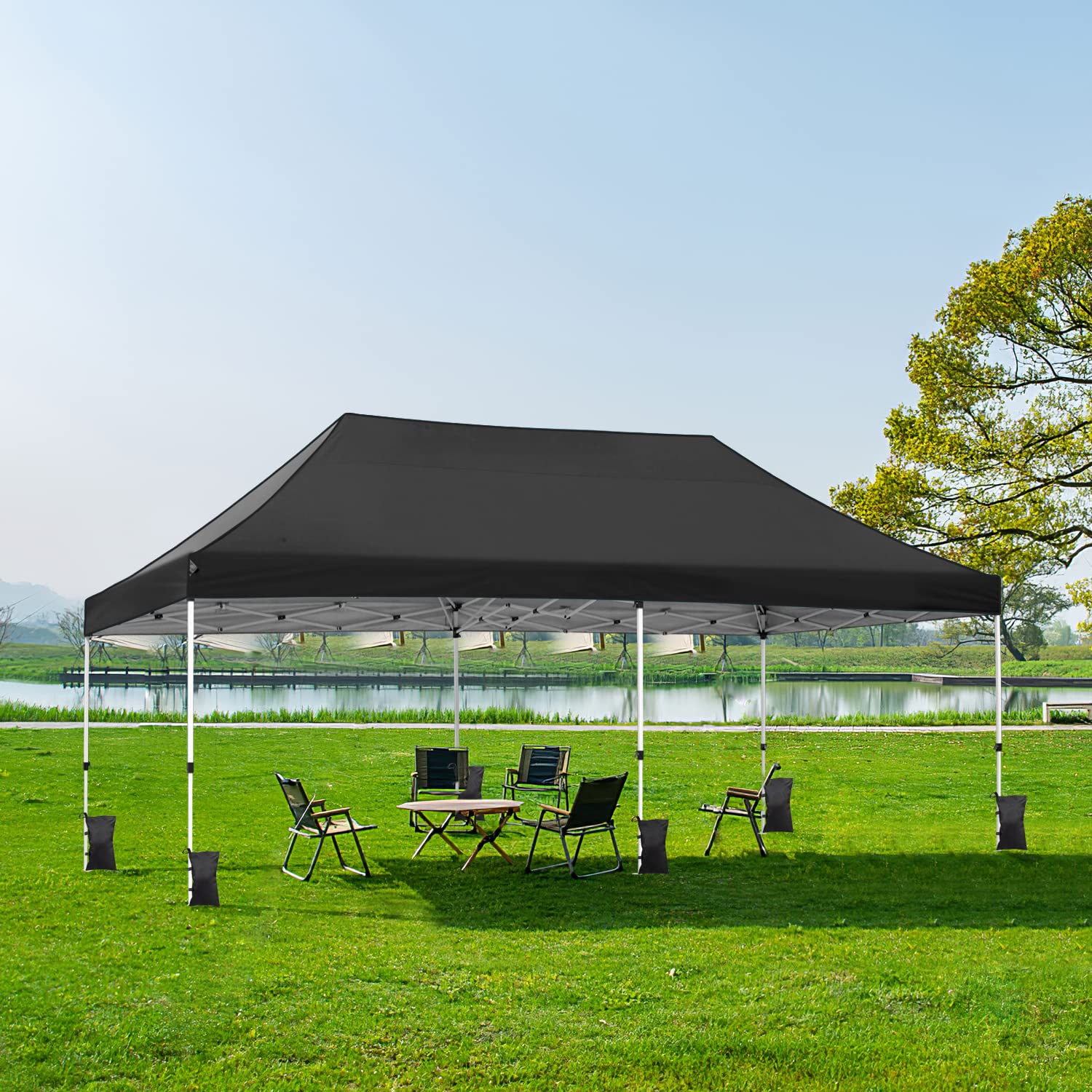 CAJECUS 10' x 20' Pop Up Canopy, Durable Easy Beach Canopy Tent, Waterproof Outdoor Canopy with 3 Adjustable Height, Roller Bag, 6 Sand Bags, 4 Ropes and 8 Stakes