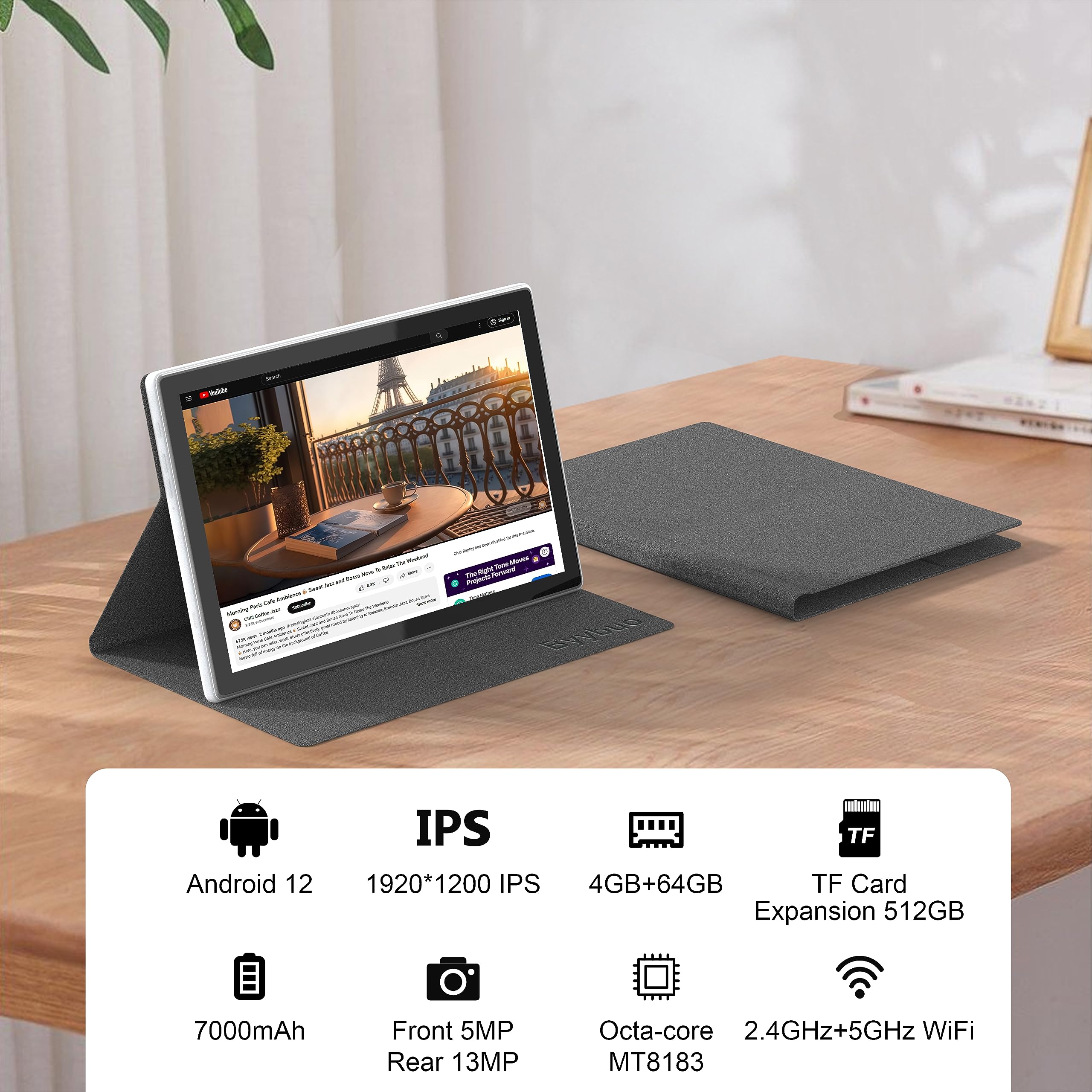 BYYBUO Android Tablet 10.1 Inch, Android 12 Tablet with Case, 1920x1200 IPS FHD Display, 2.0 GHz Octa-Core Processor, 4GB RAM 64GB ROM 7000mAh Battery,Dual Camera,WiFi,Bluetooth,GPS