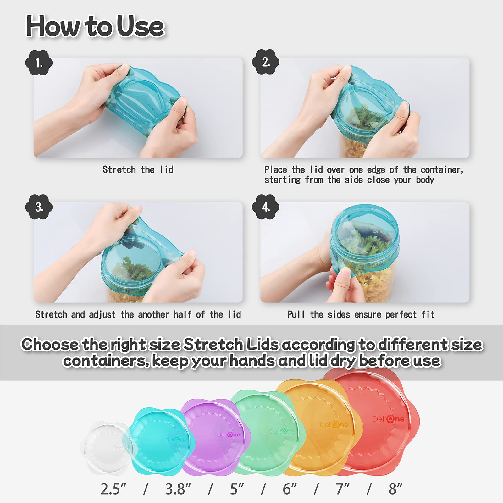 DeliOne Silicone Stretch Lids for Kitchen Food Storage β Durable,Reusable + Expandable Bowl Covers for Cup or Square Containers, Freezer, Microwave,and Dishwasher Safe,Mixing Size, 6-Pack, Color