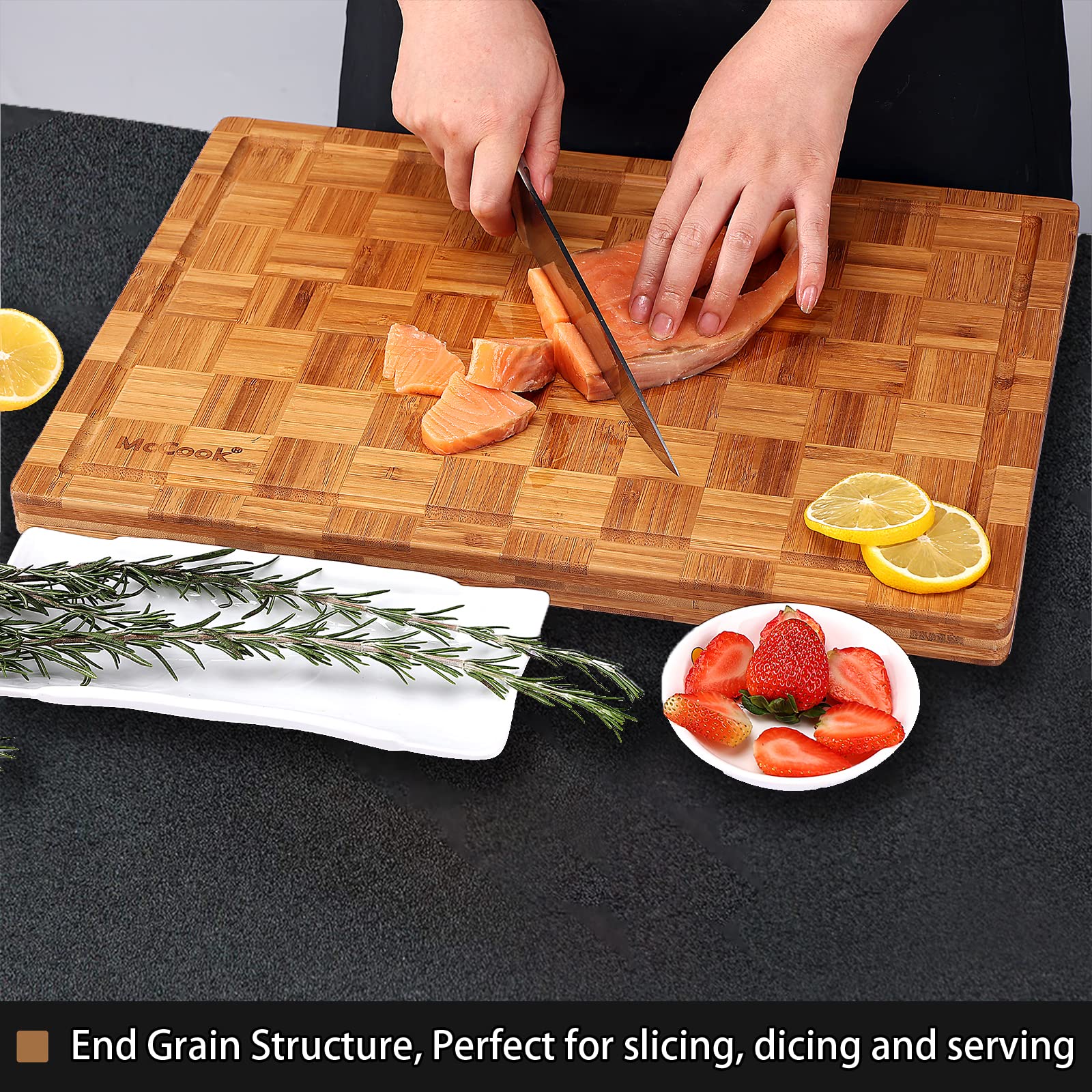 Cutting Board, McCook® MCW12 Bamboo Cutting Board, Wood Cutting Board for Meat, Cheese and Vegetables w Juice Groove, End Grain Cutting Board, Cheese Charcuterie Board Serving Tray(L, 17”*12”*1”)