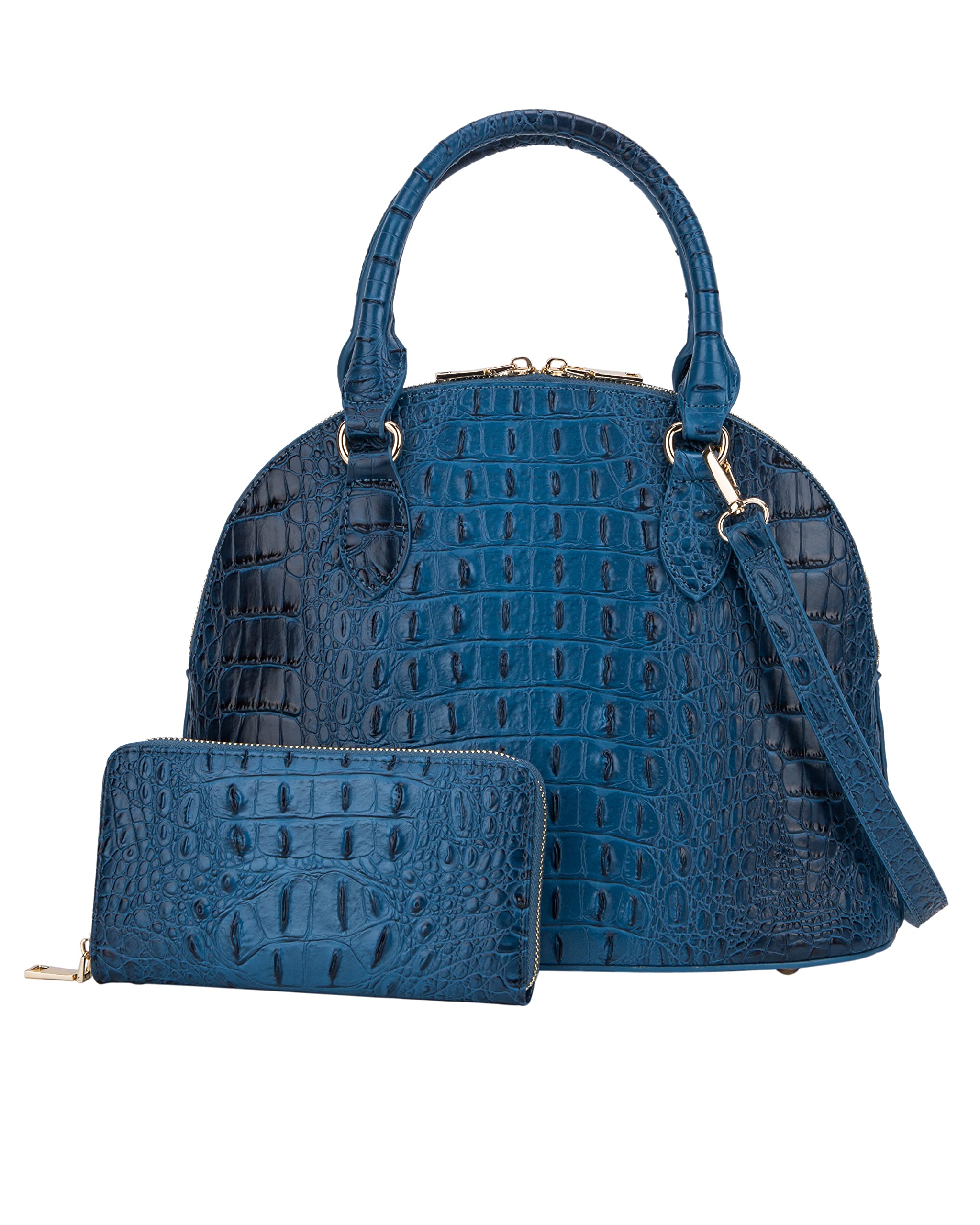 Dome Shape Satchel With Wallet Women’s Vegan Leather Crocodile-Embossed Pattern With Top Handle Tote Handbags Satchel Set (Navy)