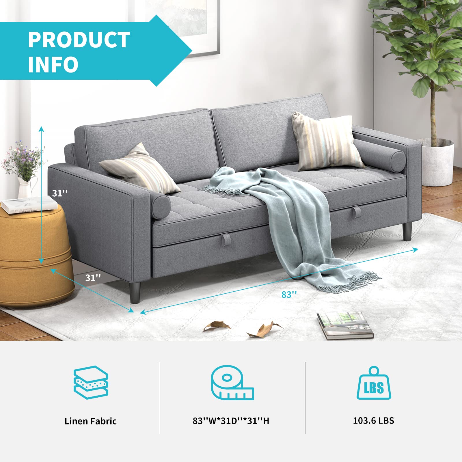 CECER Reversible Sleeper Sofa Bed with Cushion, Modern Pull Out Futon Couch Bed for Living Area, Big 2-in-1 Couch for Apartment, Office, Bedroom, Light Grey