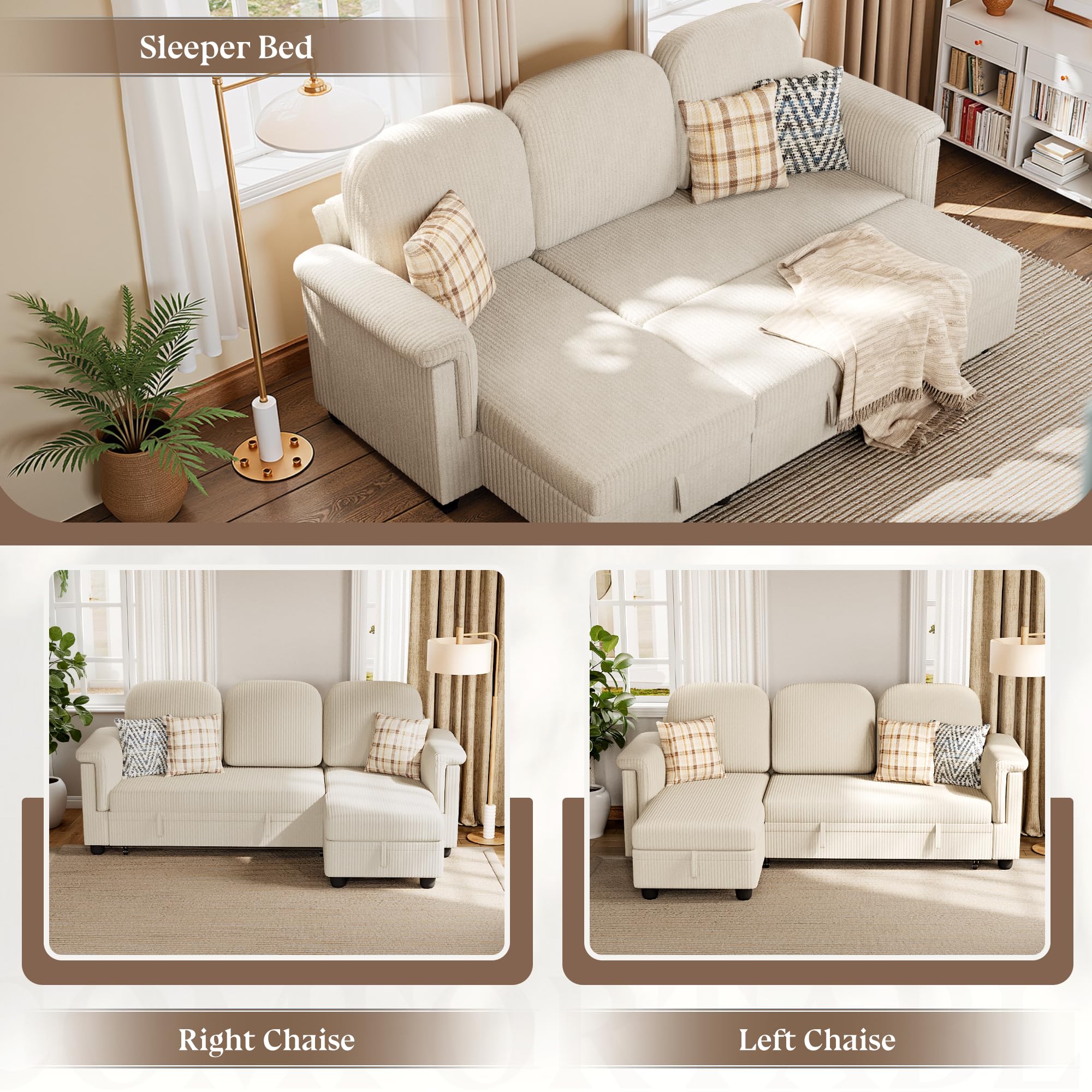Furmax Sofa Bed Pull Out Couch with Side Storage Pockets L-Shaped Sleeper Sofa with Storage Chaise Sectional Couches for Living Room, Small Apartments (Corduroy, Beige)