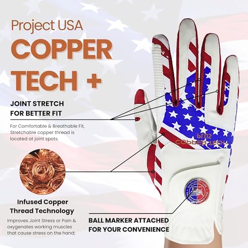 Copper Tech Plus Men's Golf Gloves Right Hand - USA Flag Golf Glove with Ball Marker - Perfect for Summer Golfing - 100% AAA Tacky Synthetic Leather Only (Hand Orientation: Right, X-Large)