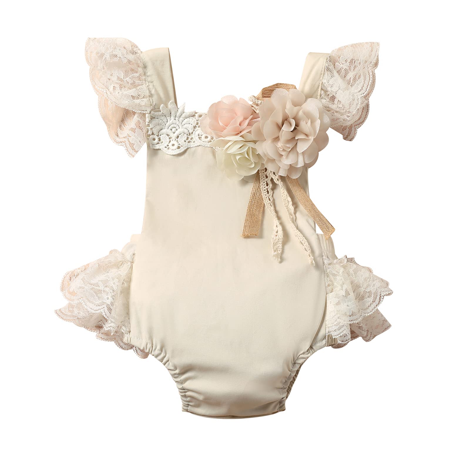 Newborn Baby Girls Lace Romper Sleeveless Square Neck Jumpsuit Floral Backless Boho Bodysuit Summer Clothes (Beige, 18-24 Months)