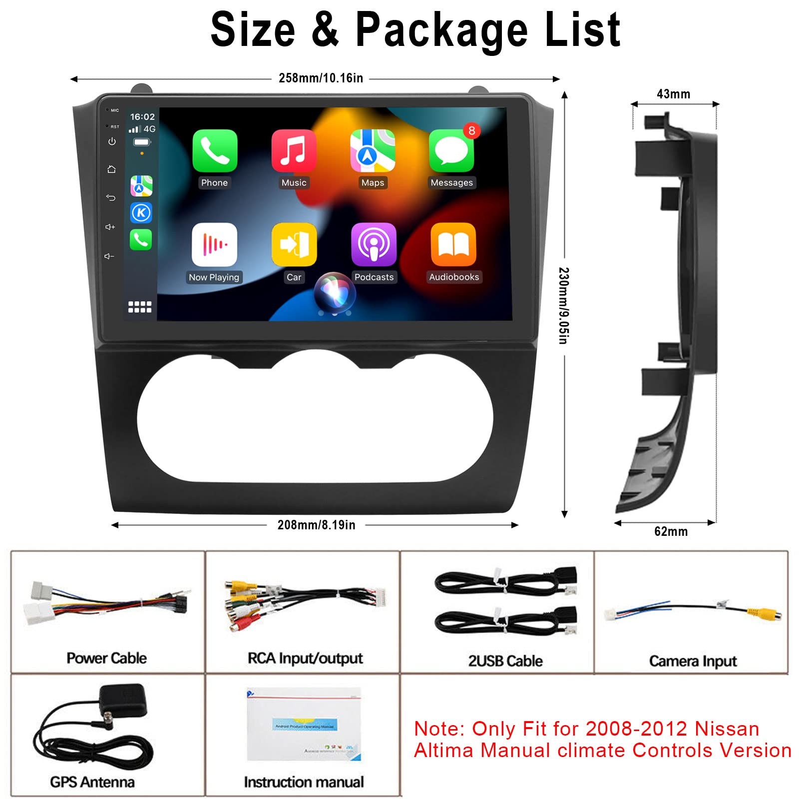 Wizanic 9 Inch HD Touchscreen Android 12 Car Stereo for Nissan Teana Altima 2008-2012 Manual A/C Car Radio Apply CarPlay with GPS Navigation Bluetooth Wi-Fi FM USB