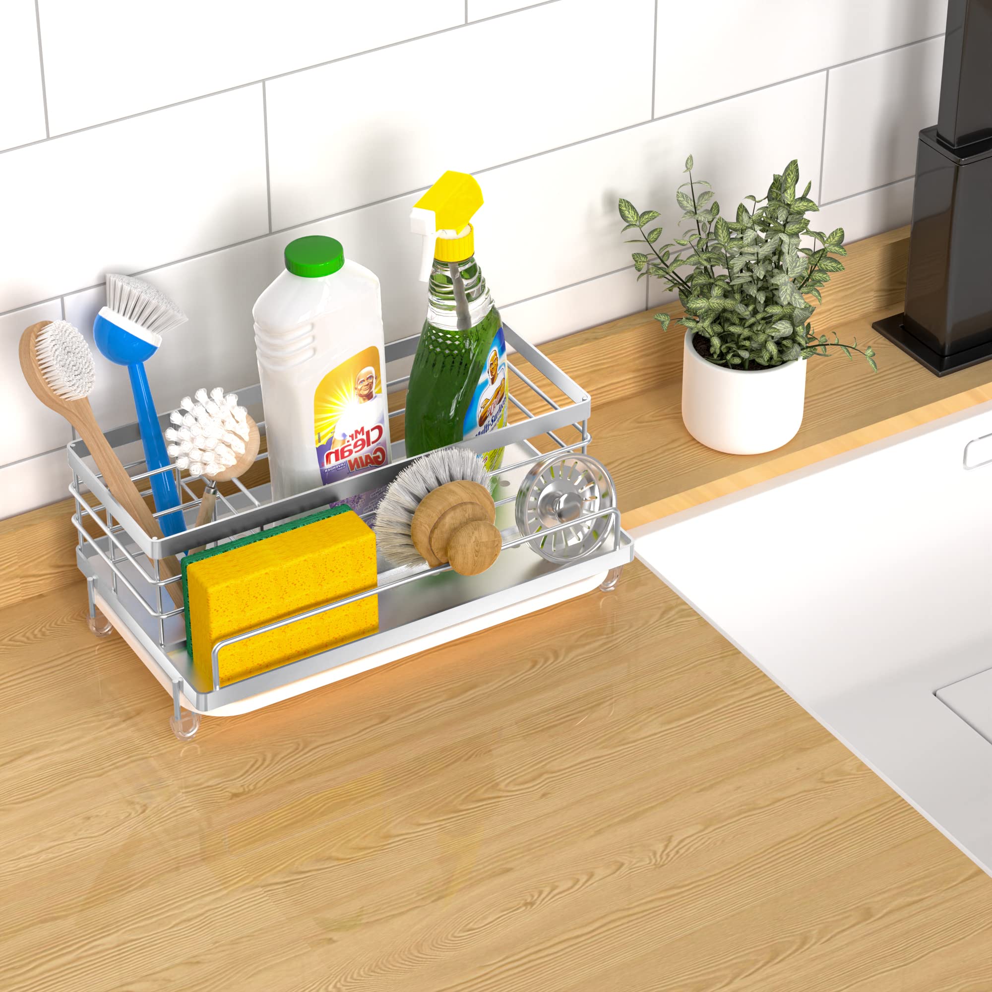 Cisily Sponge Holder, Caddy Organizer, Sink Accessories with Drip Tray, Rustproof and Non-slip, Kitchen Essentials for New Home