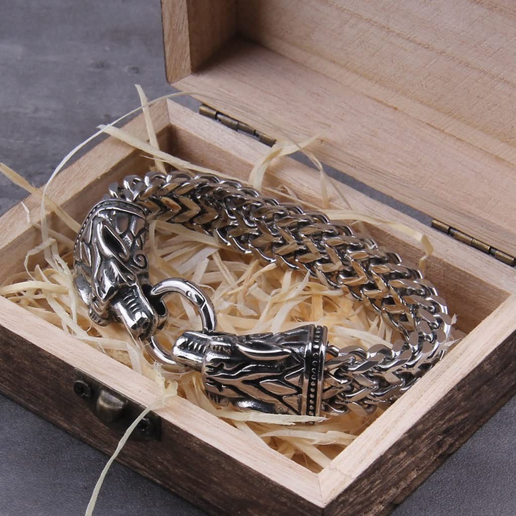 DUSALA Viking Wolf Head Bracelet, Heavy Stainless Steel Chain, Norse Scandinavian Jewelry (Color : Silver, Size : 23CM)