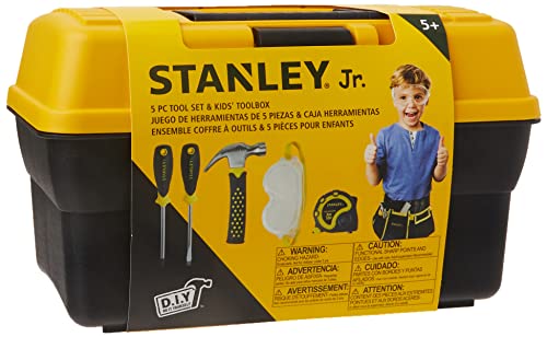 Stanley Jr. - Tool Box and 5 pcs Set of Tools, Tool Set Ages 5+ (TBS001-05-SY), Mixed