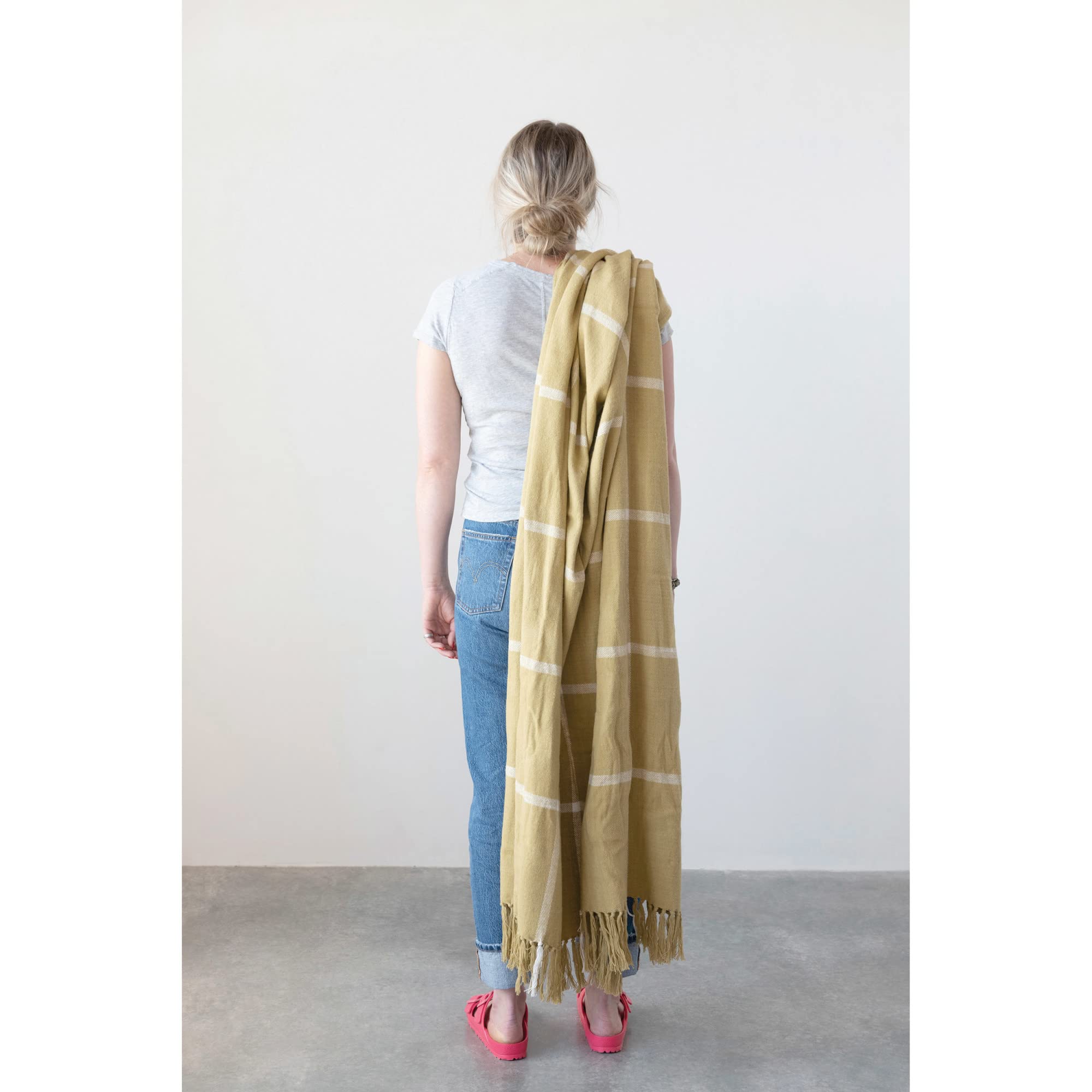 Creative Co-Op Cotton Flannel Grid Pattern and Fringe Blanket Throw, Single, Tan