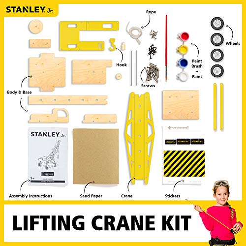 Stanley Jr. STANLEY Jr DIY Yellow Lifting Crane Kit for Kids - Easy Assembly Crane Building Kit - Wood Crane Toy Craft - Wood, Paint & Decals Included