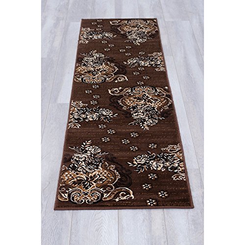 CHAMPION RUGS Floral Abstract Modern Contemporary Flower Pattern Design Area Rug Chocolate Brown Black Gold and Beige (2 Feet X 7 Feet Runner)
